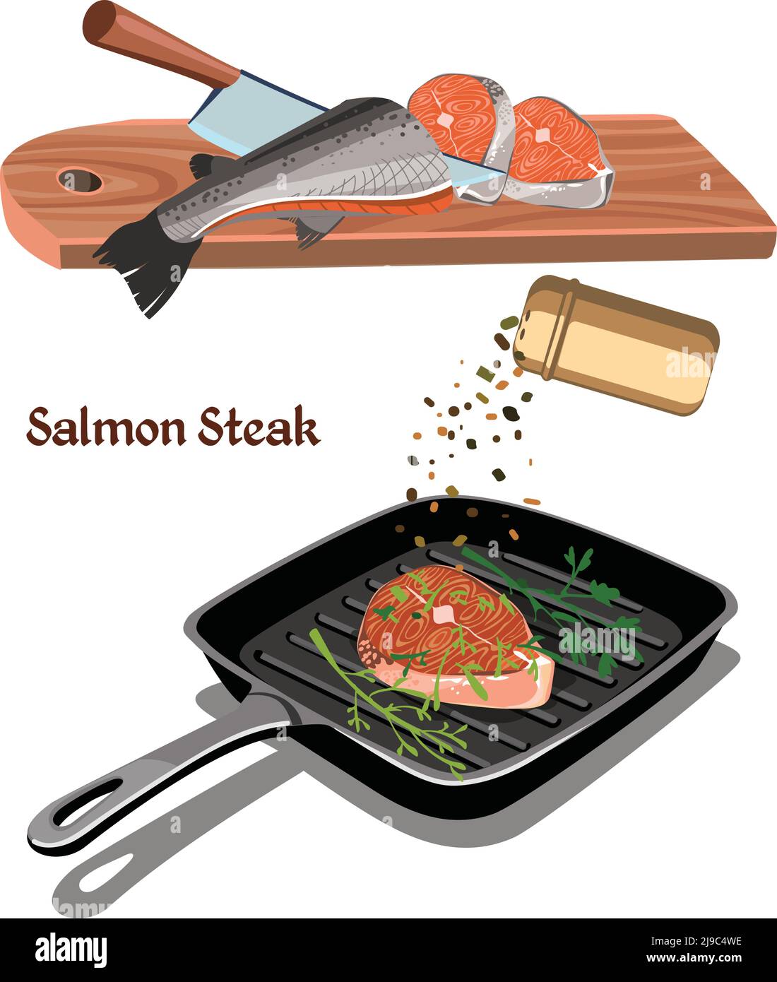 Sketch colorful salmon steak cooking concept with fish piece frying on ...