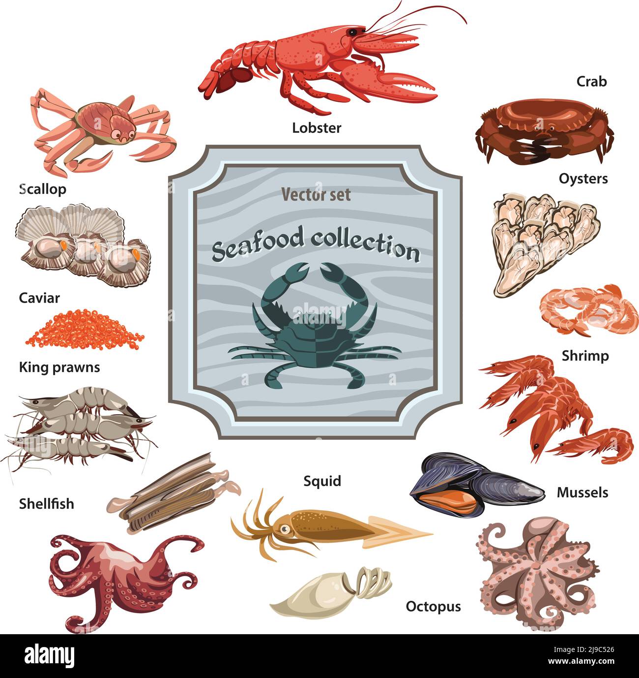 Colorful hand drawn seafood icons set with sea and ocean animals and ...