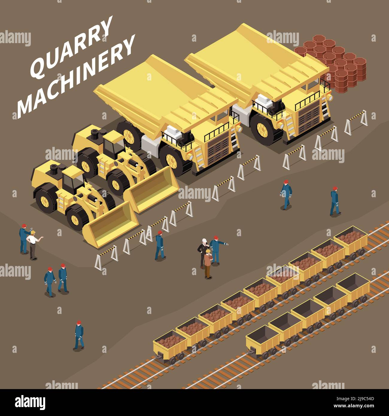 Isometric composition with quarry machinery carts with rocks and miners ...