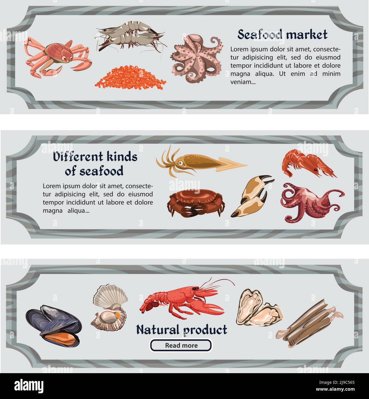Colorful hand drawn seafood horizontal banners with text marine animals ...