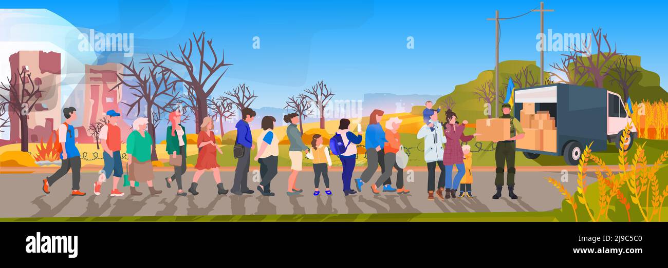 volunteer in military form giving help boxes with Ukraininan flag to ...