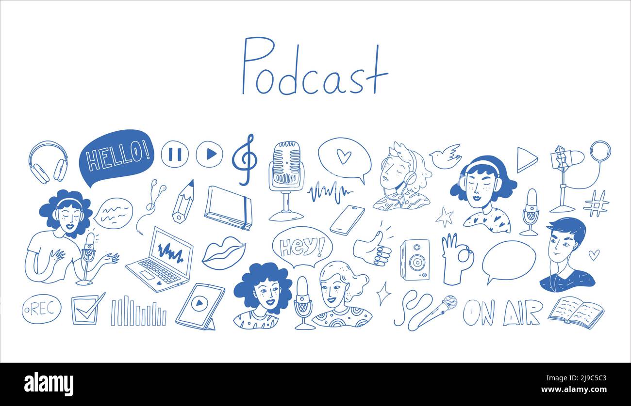 Podcast doodle cartoon icons set. Vector collection of podcast or ...