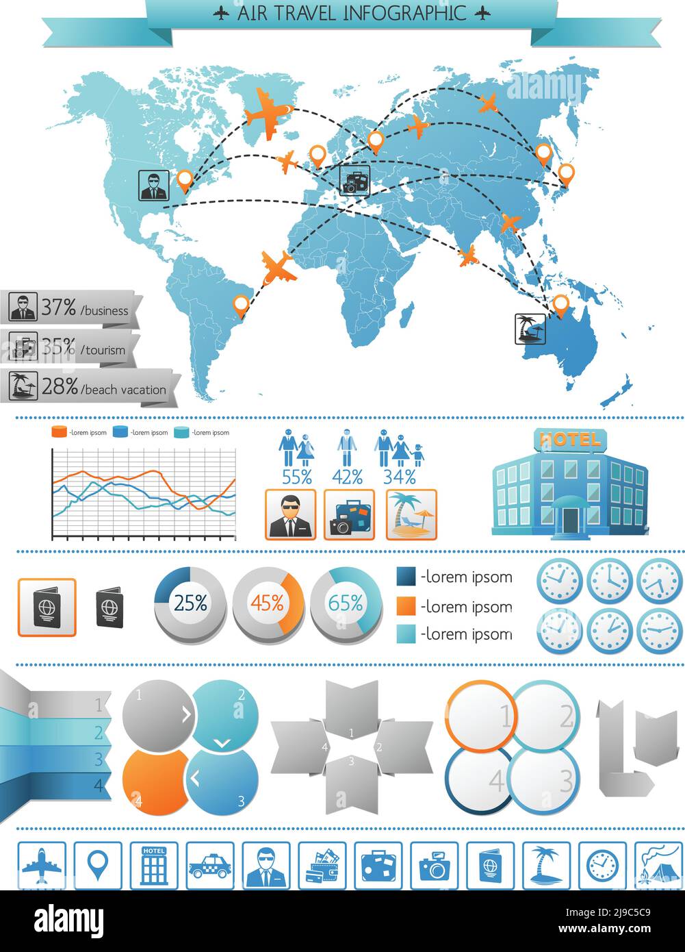Air travel infographic concept with trip routes on world map blank ...