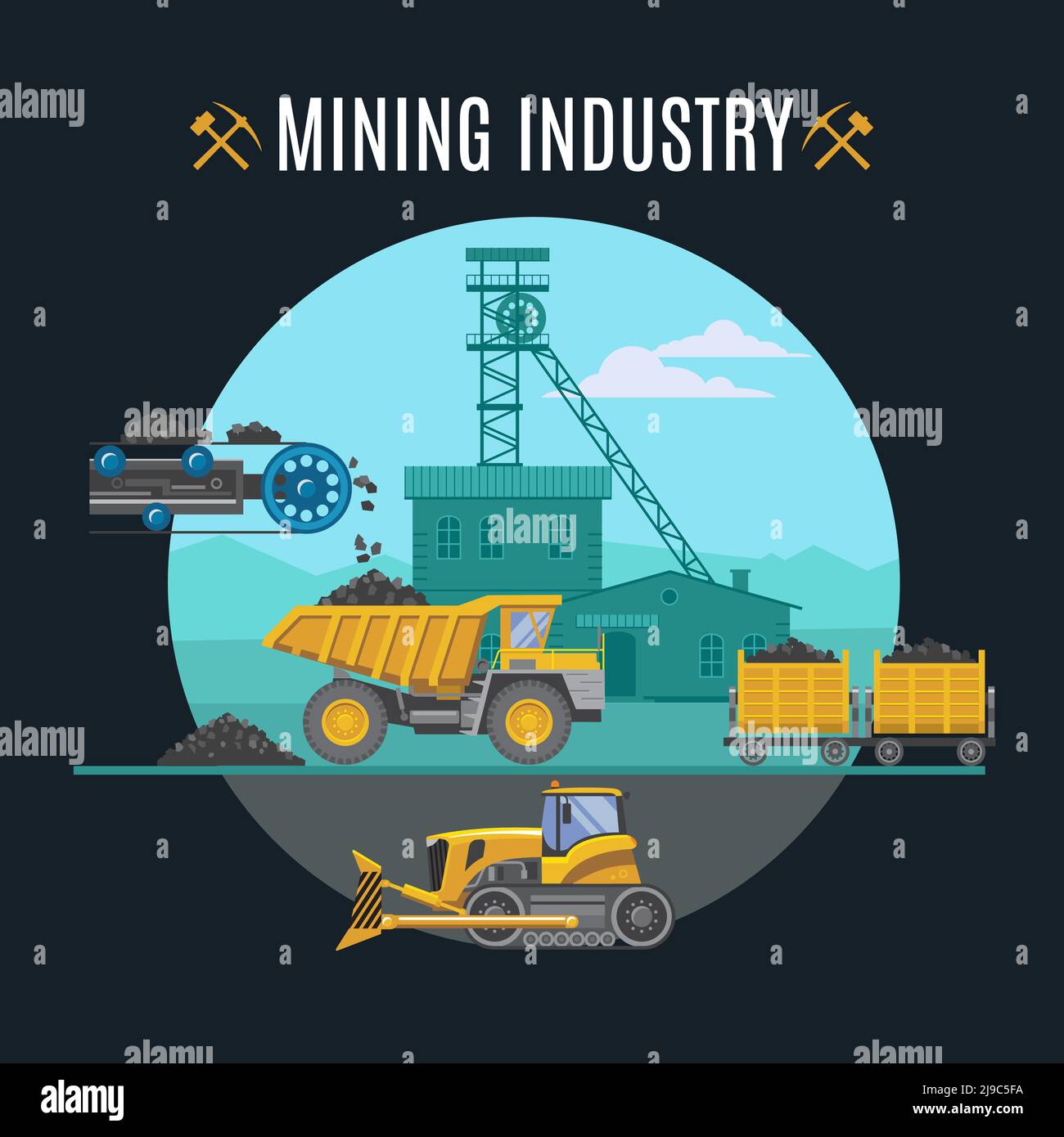 Mining industry icons round composition with flat symbols of mining ...