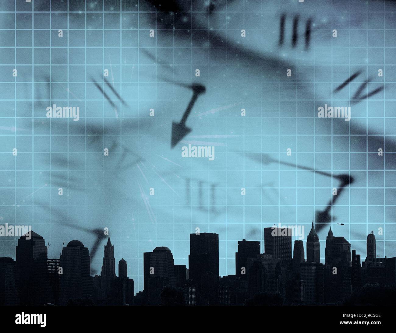 The rush of time. Clock hands and city silhouettes. 3D rendering Stock ...