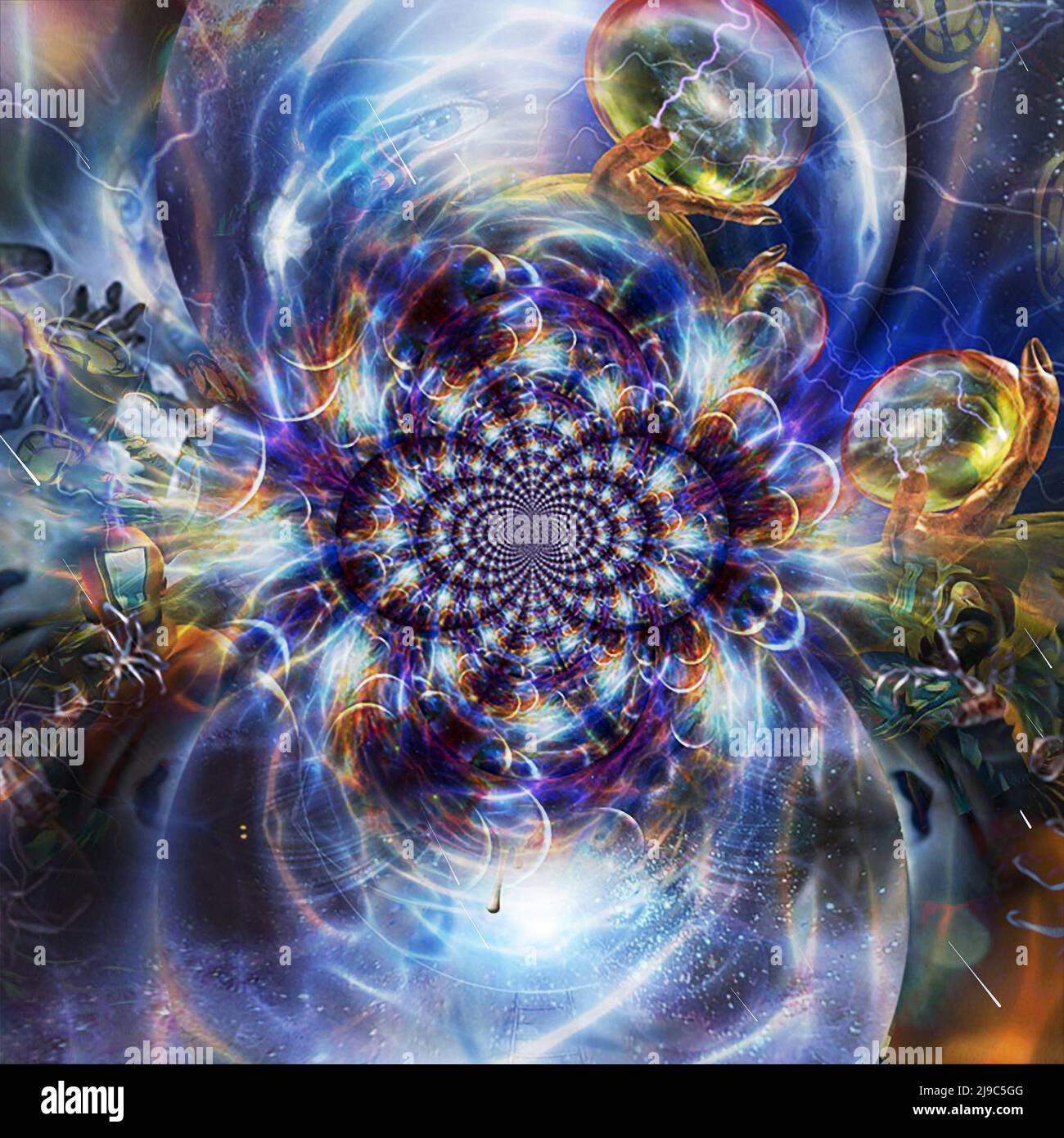 Multiverse fractal. Universes inside glass spheres. Time spirals. 3D ...