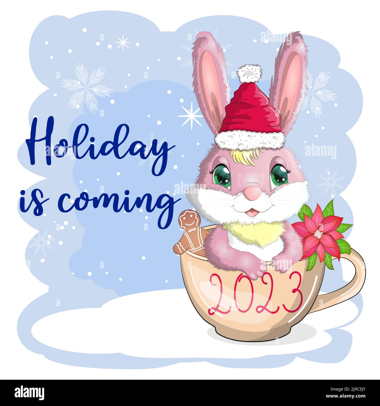 Cute cartoon rabbit in a Santa hat on a background of snow. Winter 2023 ...