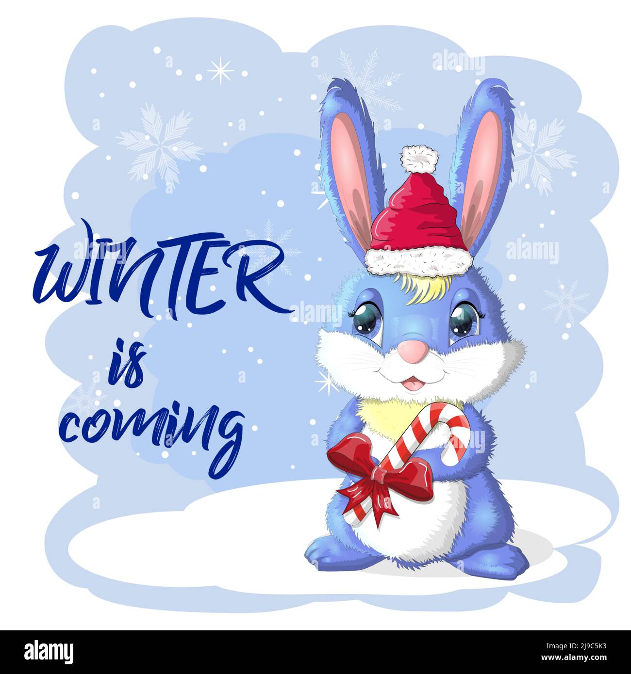 Cute cartoon rabbit in a Santa hat on a background of snow. Winter 2023 ...