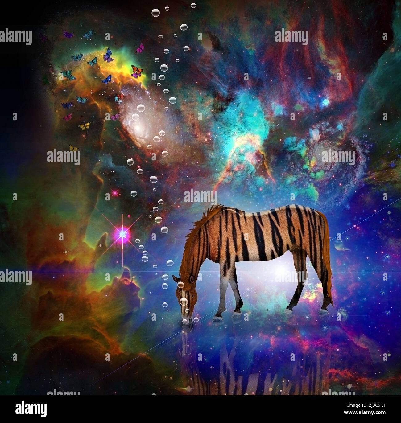 Modern surreal art. Tiger horse in vivid space. 3D rendering Stock ...
