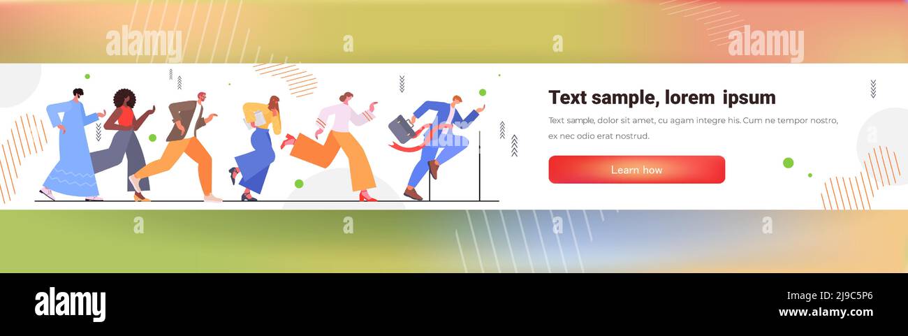 mix race businesspeople running cross finish line leadership concept target motivation success ...