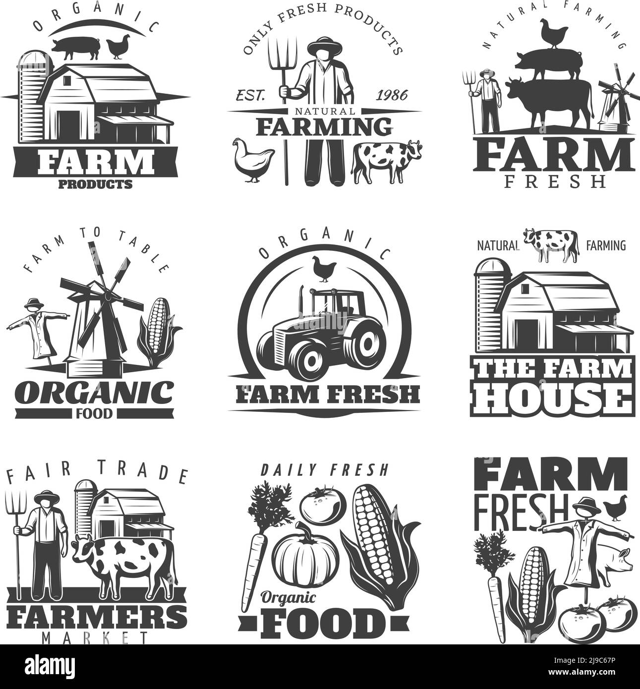 Monochrome isolated emblems set with farming house and organic food ...