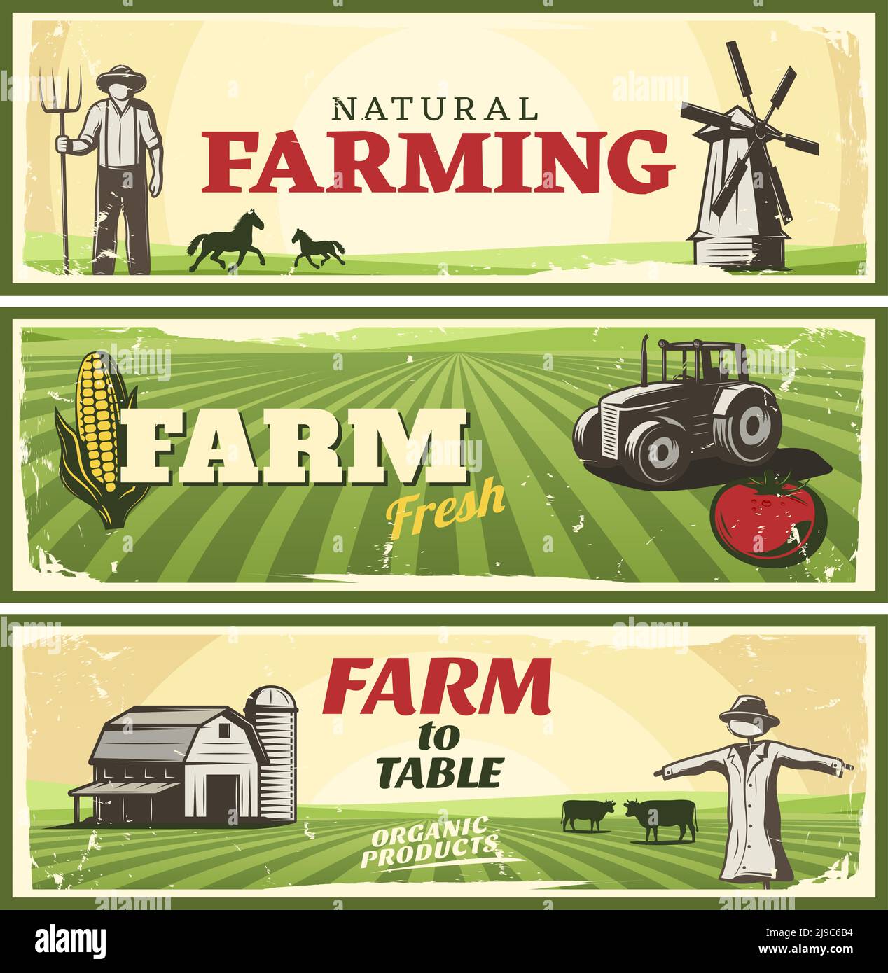 Three horizontal banners set with natural fresh farm concepts stylized ...