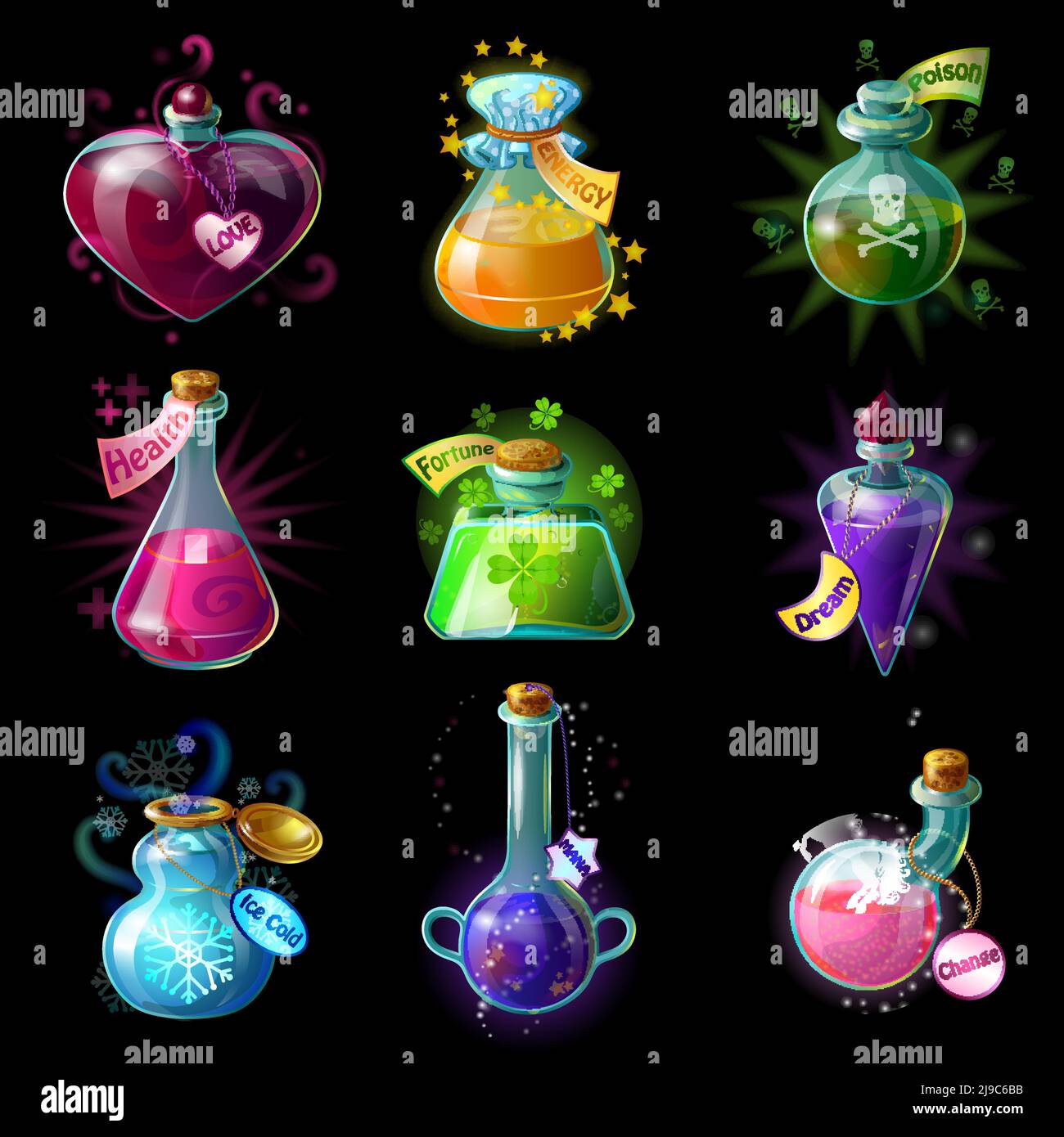 Isolated cartoon style magic potions for transformations set with ...