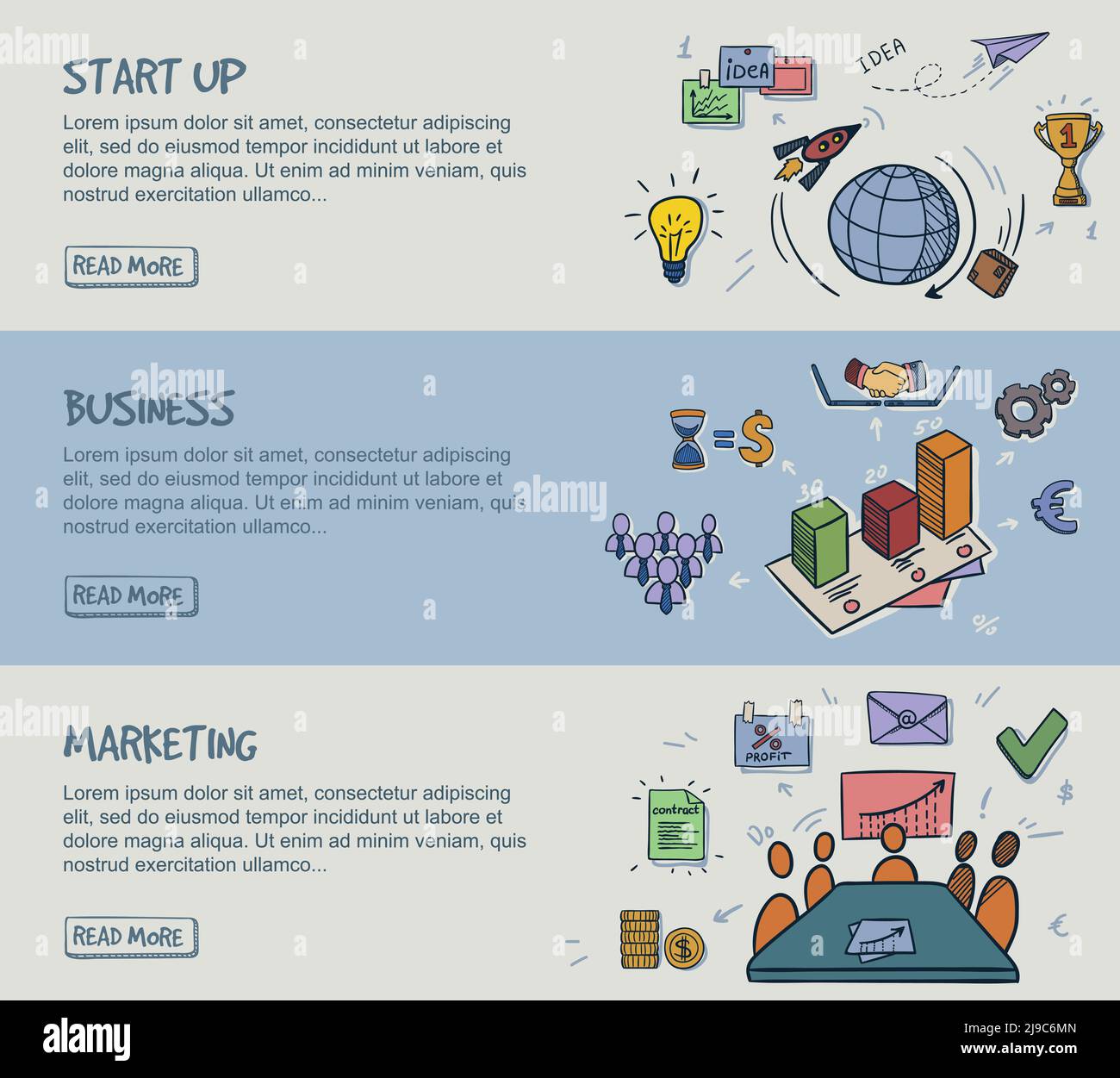 Colored doodle infographic horizontal banners with business start ...