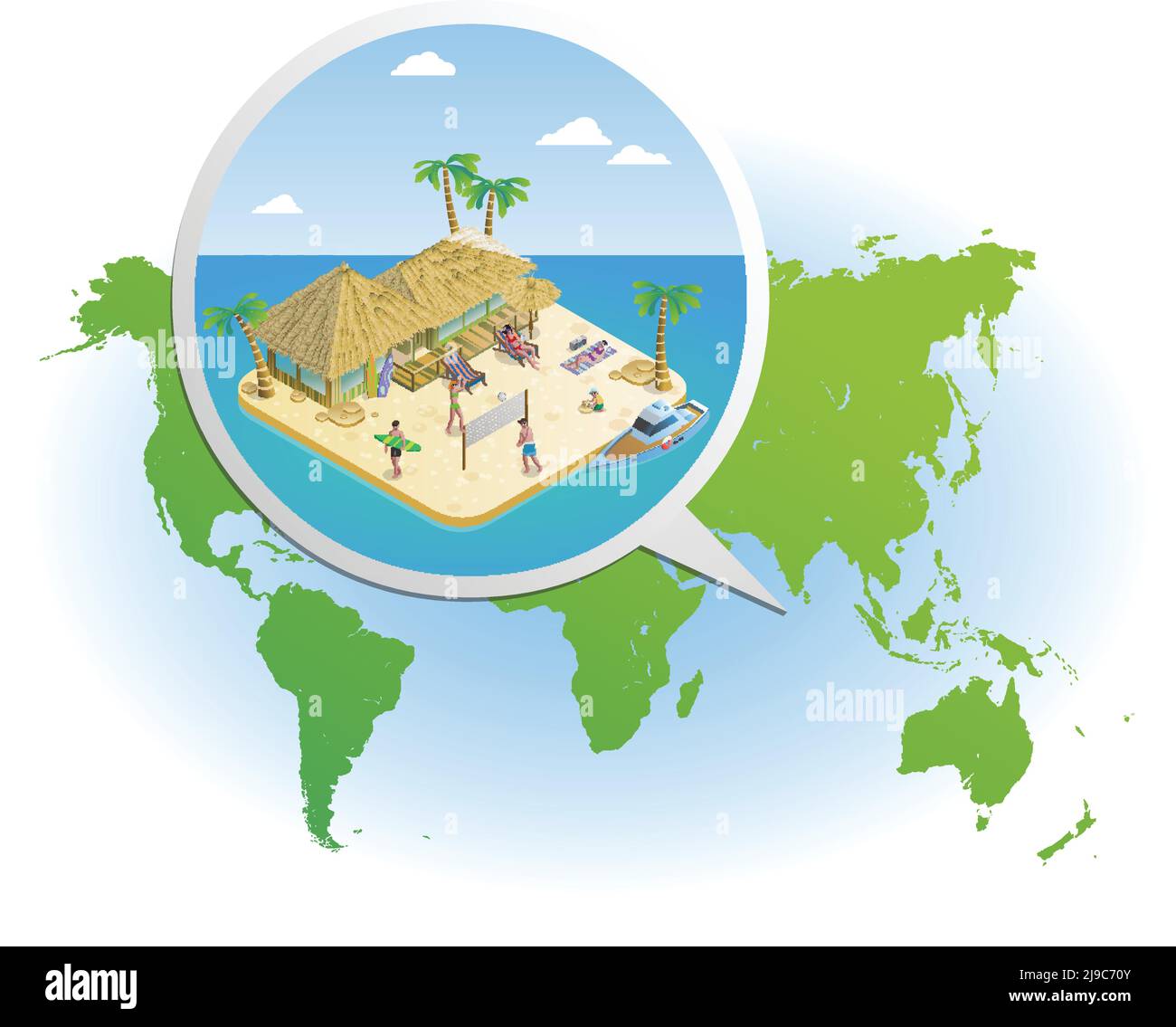 Isometric summer vacation template with zoomed view of tropical beach ...