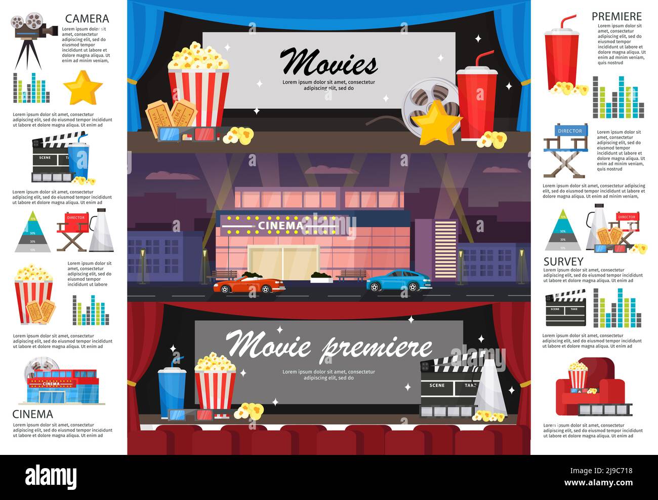 Cinematography infographic horizontal banners with movie premiere ...