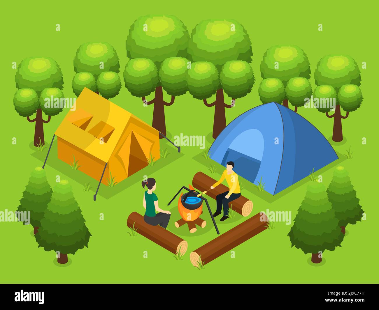 Colorful backpacking and outdoor recreation concept with people cooking ...