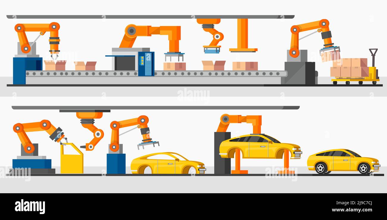 Industrial automation robot horizontal banners with automated packing and machinery production ...