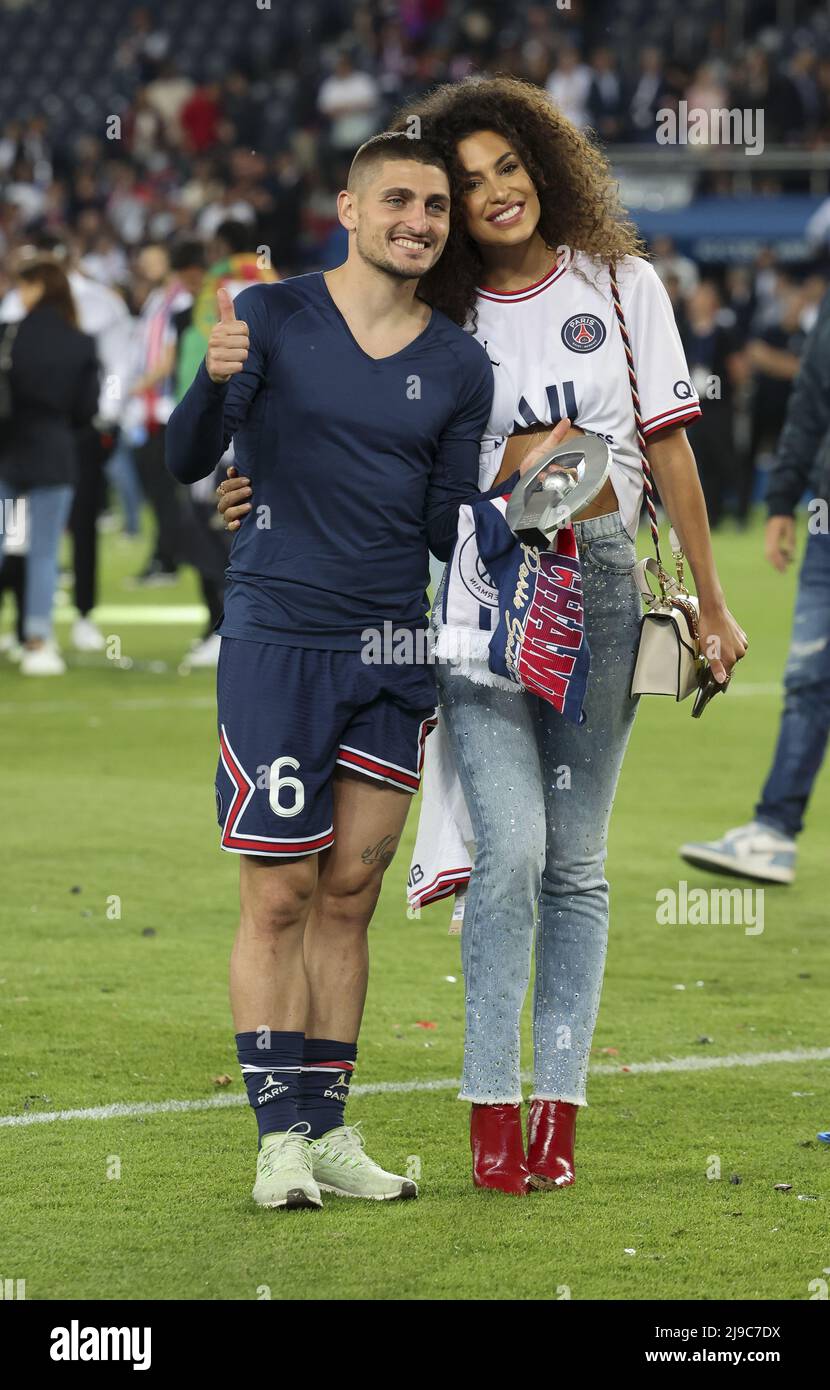 Marco Verratti of PSG and his wife Jessica Aidi following the Ligue 1 ...