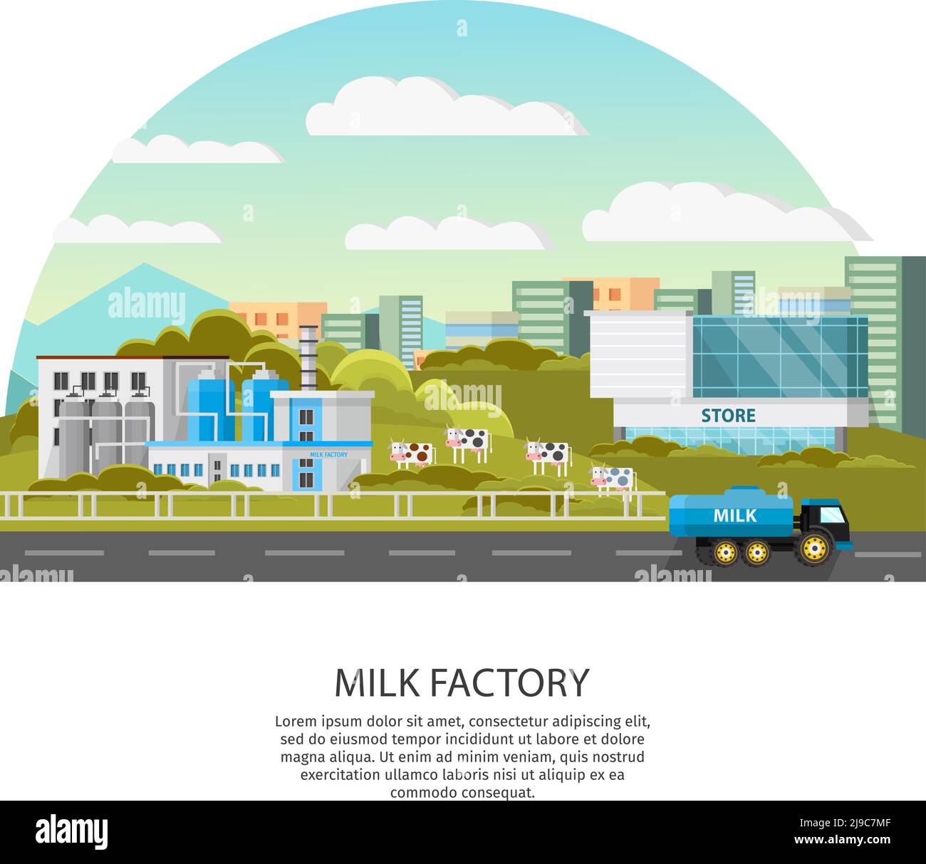 Milk factory template with modern plant chimneys landscape cows and ...