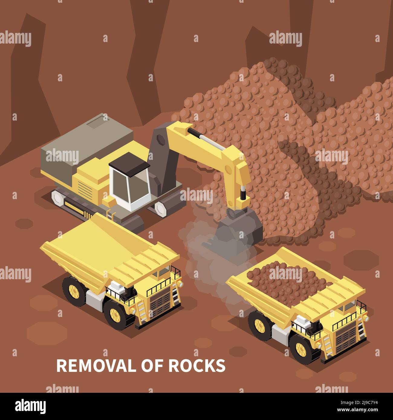 Mining machinery isometric background with excavator and two dump ...
