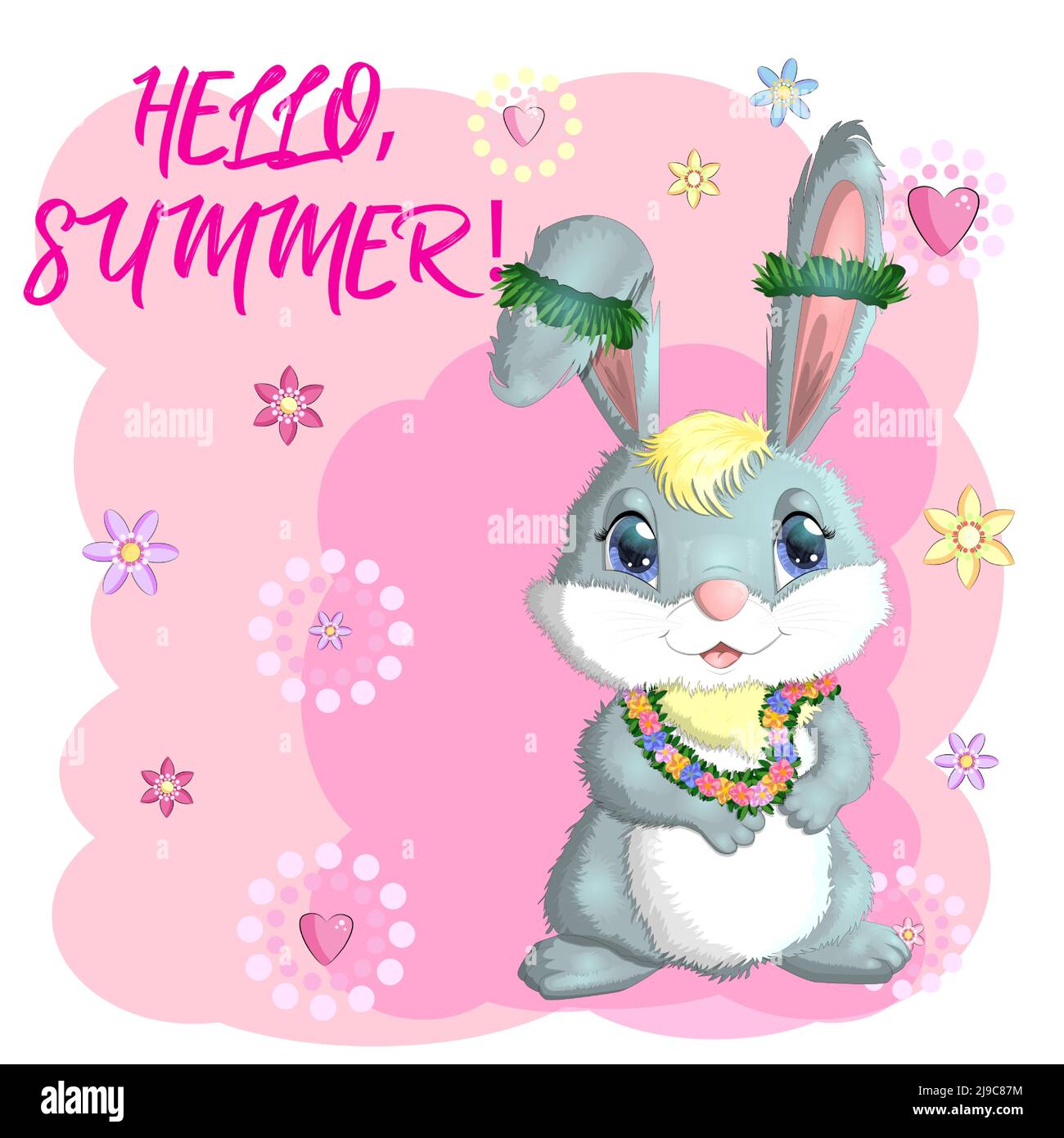 Cute rabbit, hare in Hawaiian clothes dancing hula. Wreath and garland ...