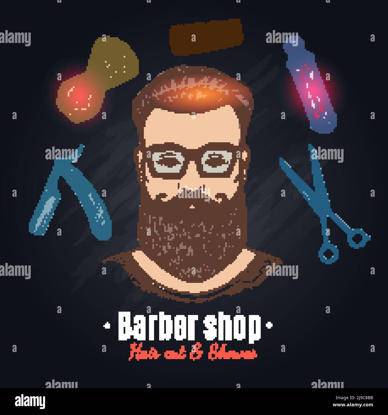 Barber shop design with working tools and face of hipster on black ...