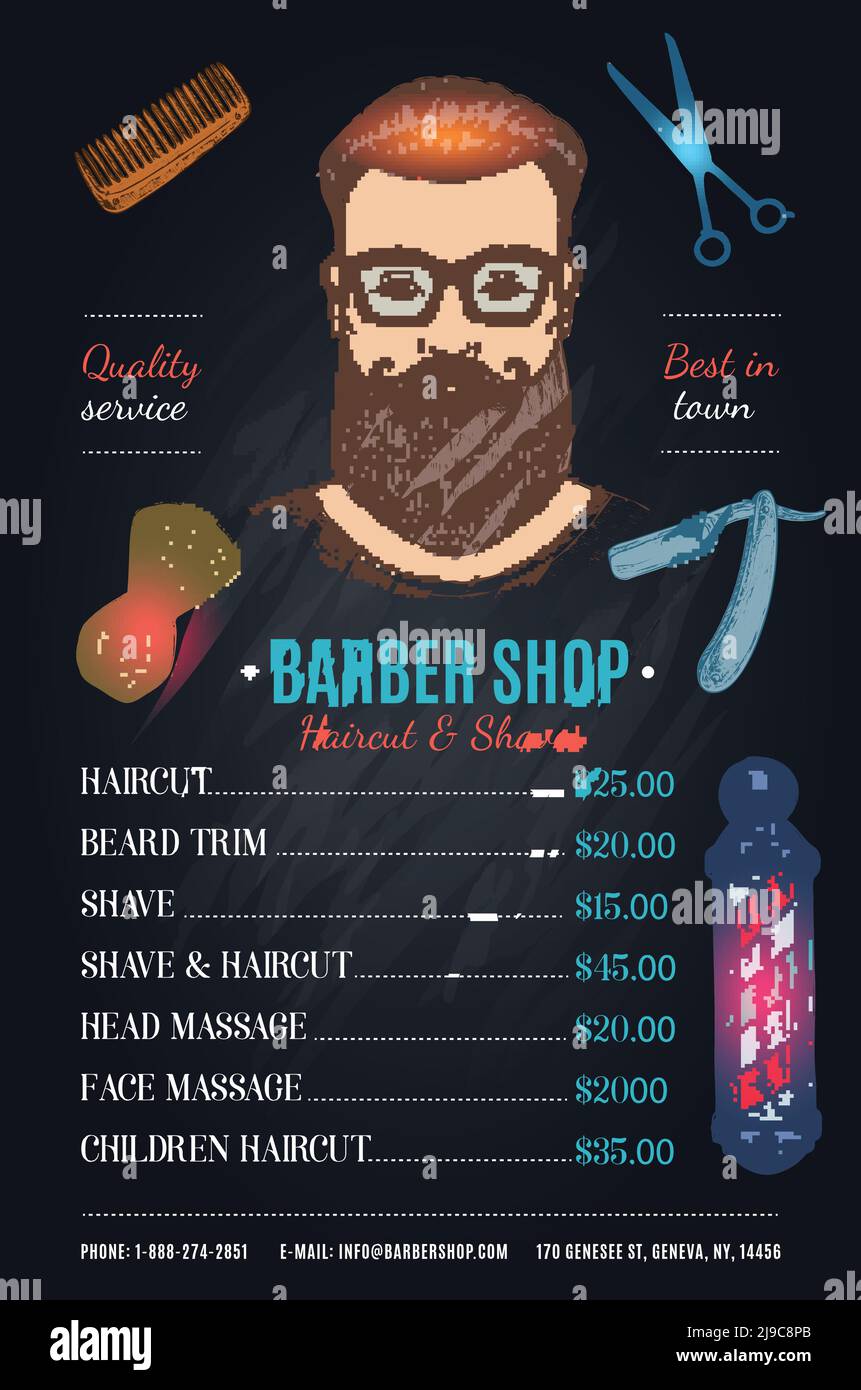 Barber shop hipster style poster with male face price list working ...