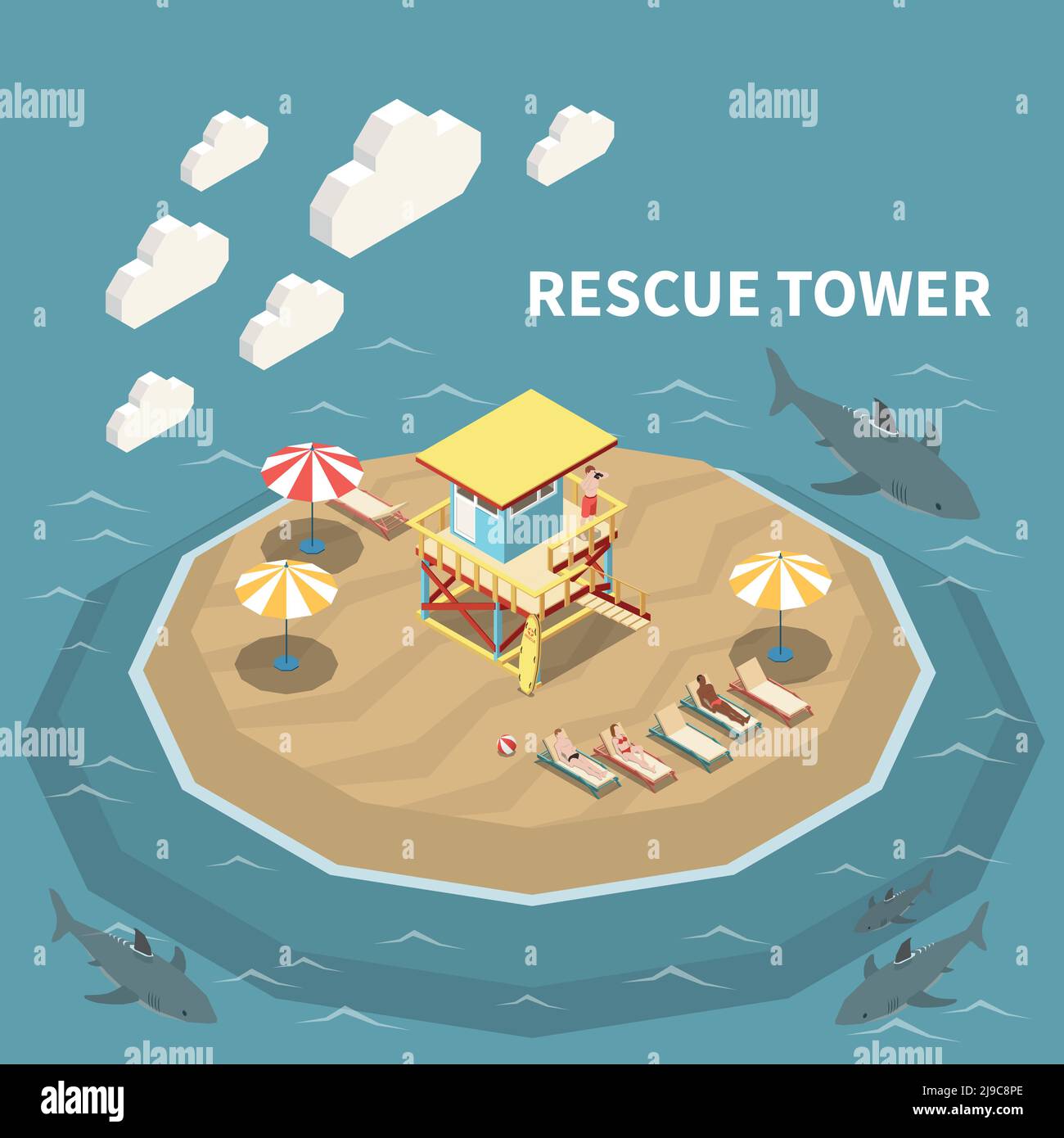Lifeguard watching from rescue tower people lying on beach and sharks ...