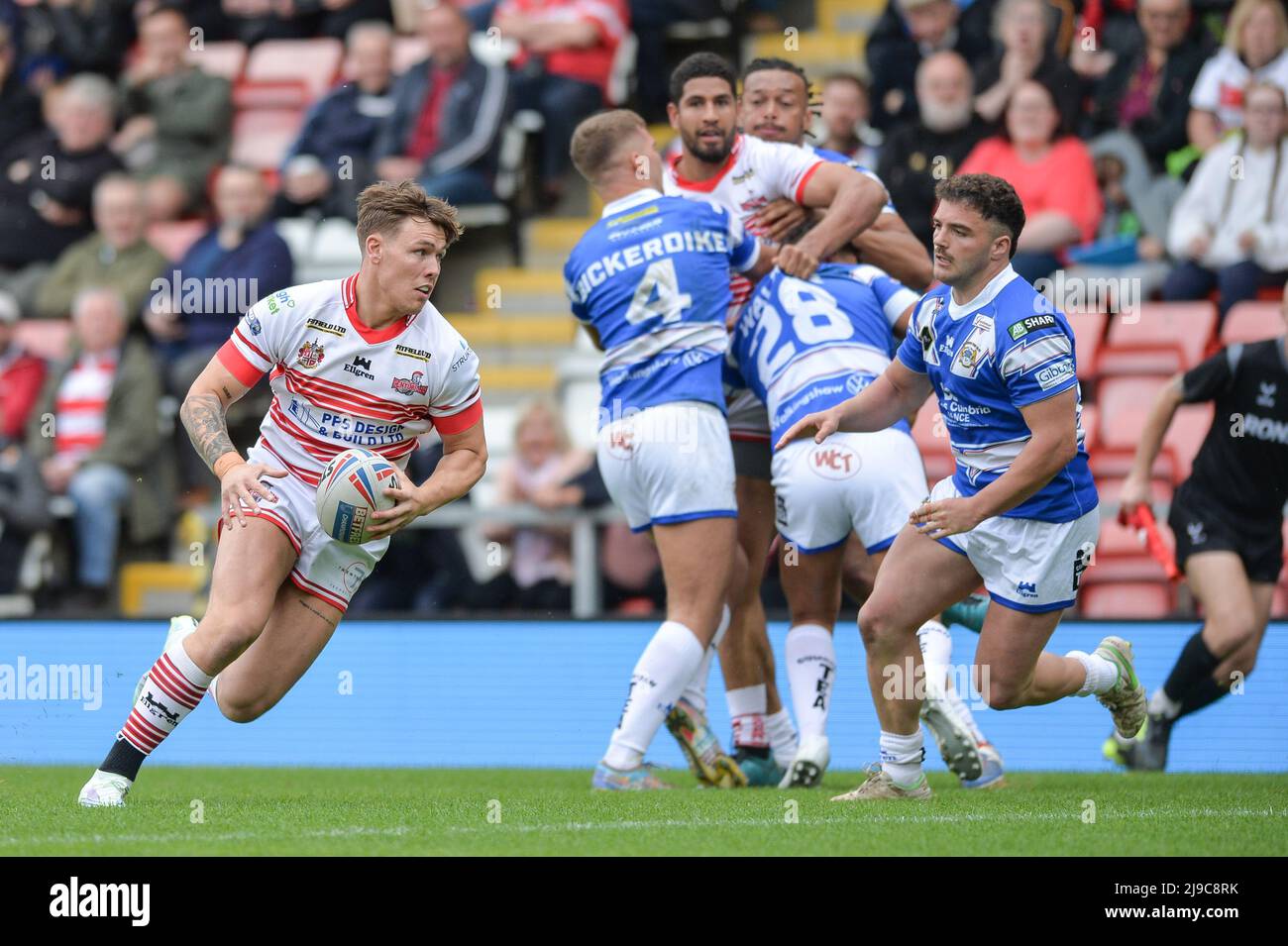 Leigh, UK. 22nd May, 2022. Keanan Brand of Leigh Centurions makes a ...