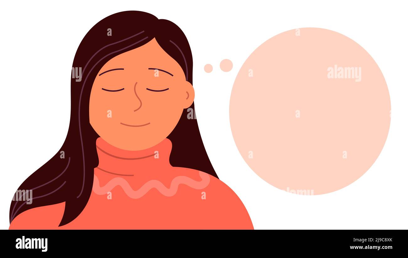 A cute young girl dreams. Closed eyes, a happy smile on his face. Empty ...