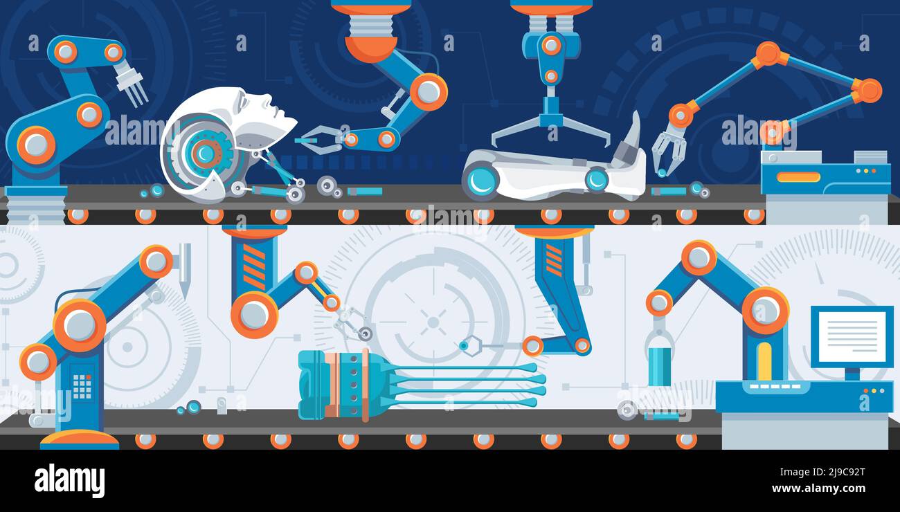 Industrial automation horizontal banners with robotic production lines and mechanical arms ...