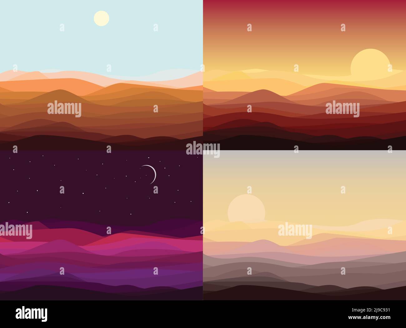 Desert landscape templates set with sand dunes at day sunrise sunset ...