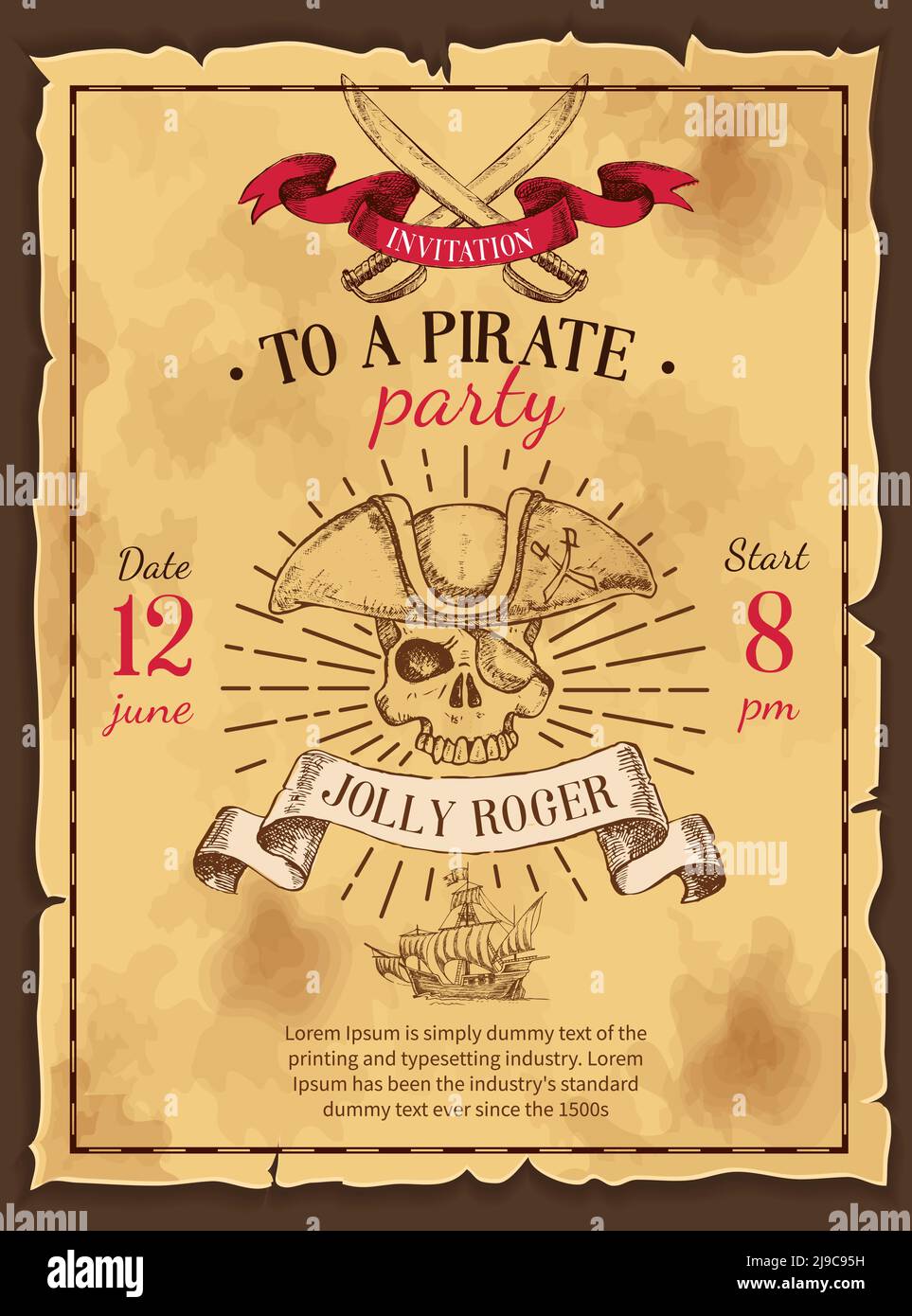 Hand drawn pirates elements print poster with retro sketch of skull in ...