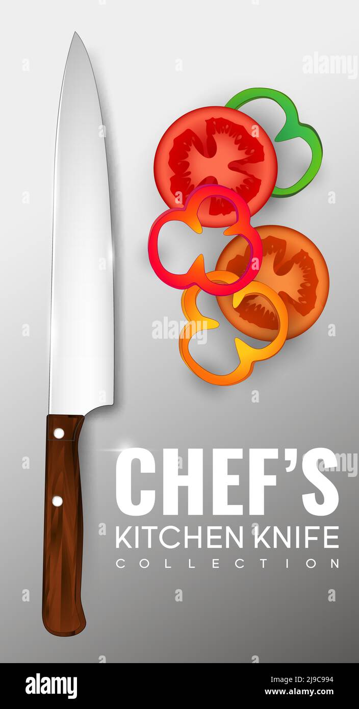 Realistic chef knife poster with wooden handle and sharp blade for ...