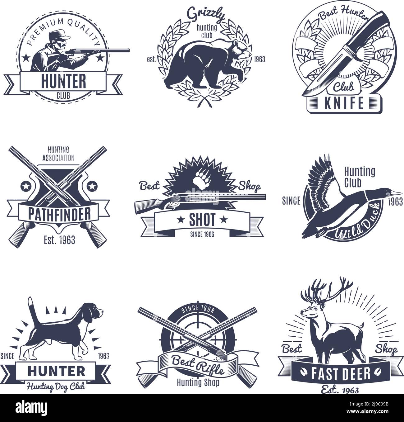 Emblems of hunting clubs and shops with weapon animals and design ...