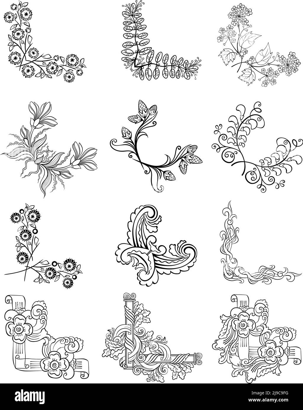 Sketch decorative floral corner borders collection with beautiful ...