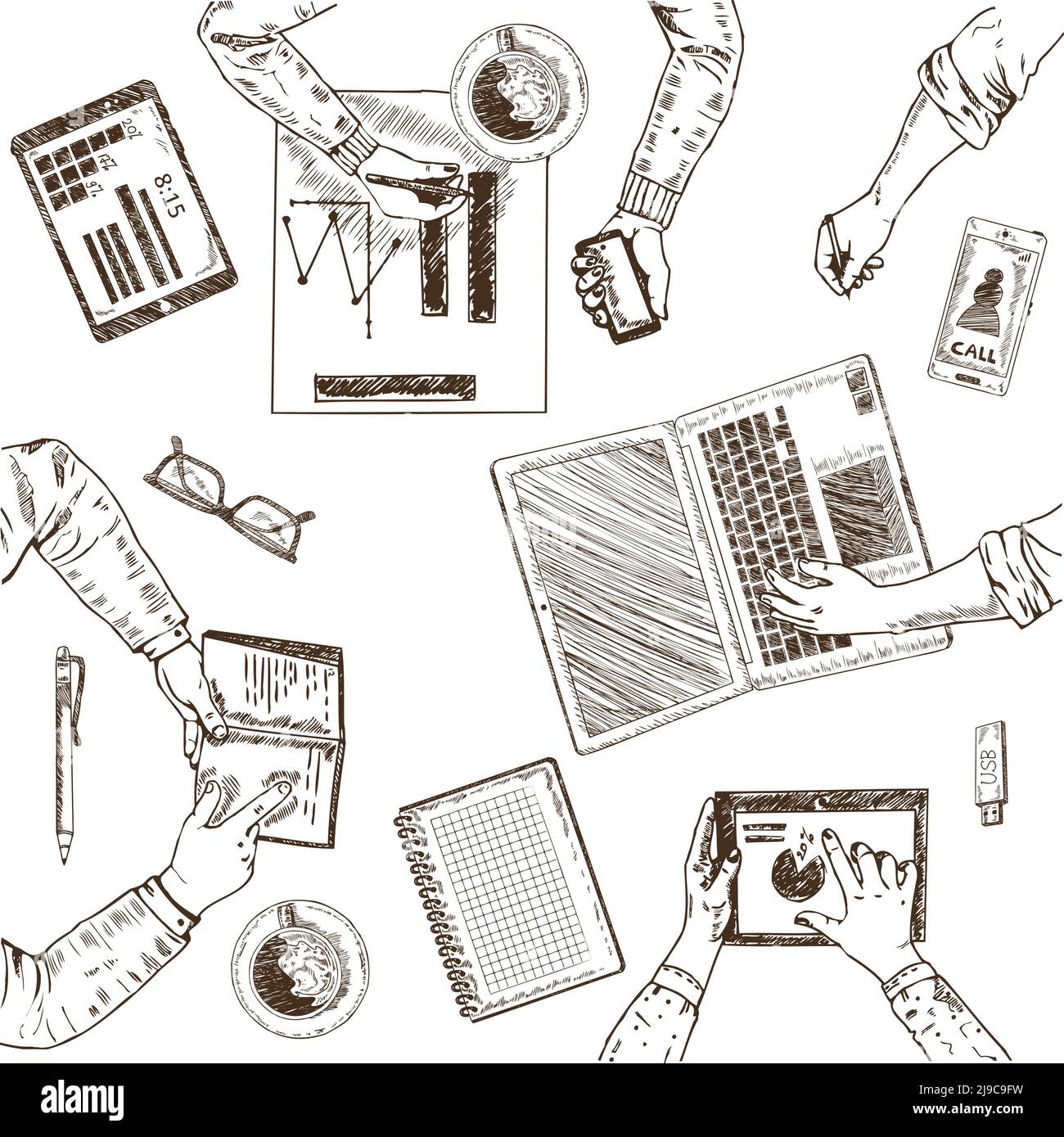 Business teamwork sketch concept with working people different office ...