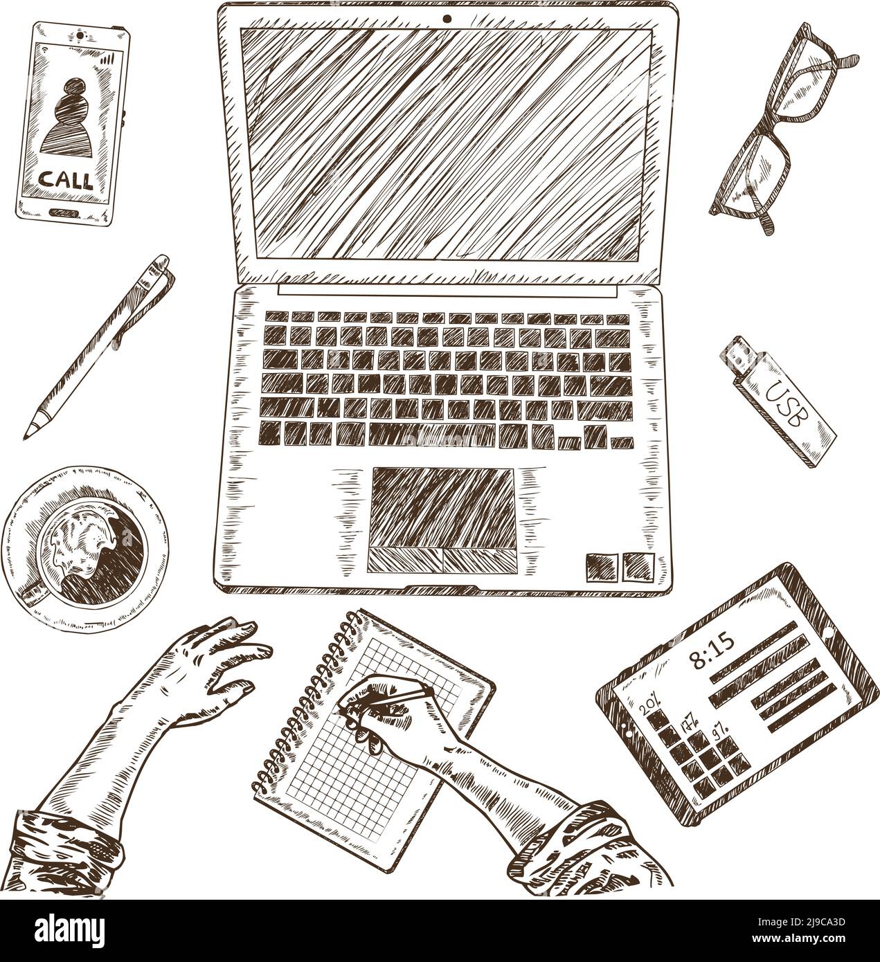 Business concept sketch set of isolated desktop elements gadgets ...