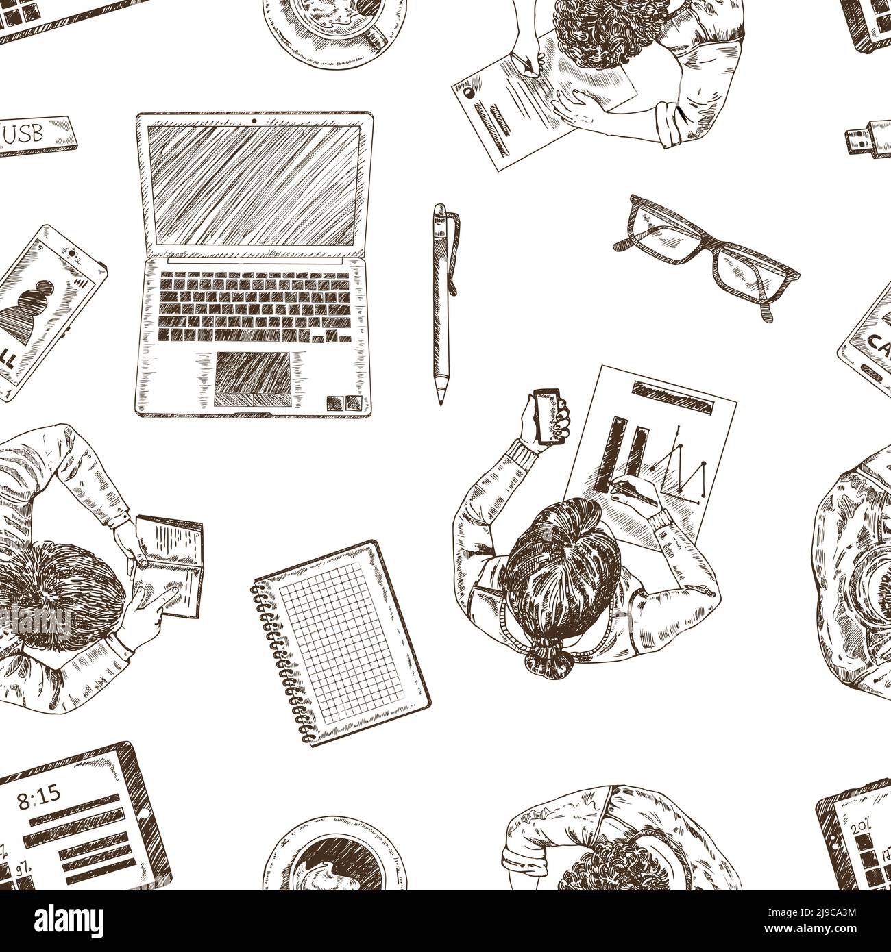 Hand drawn business seamless pattern with workers notebook notes ...
