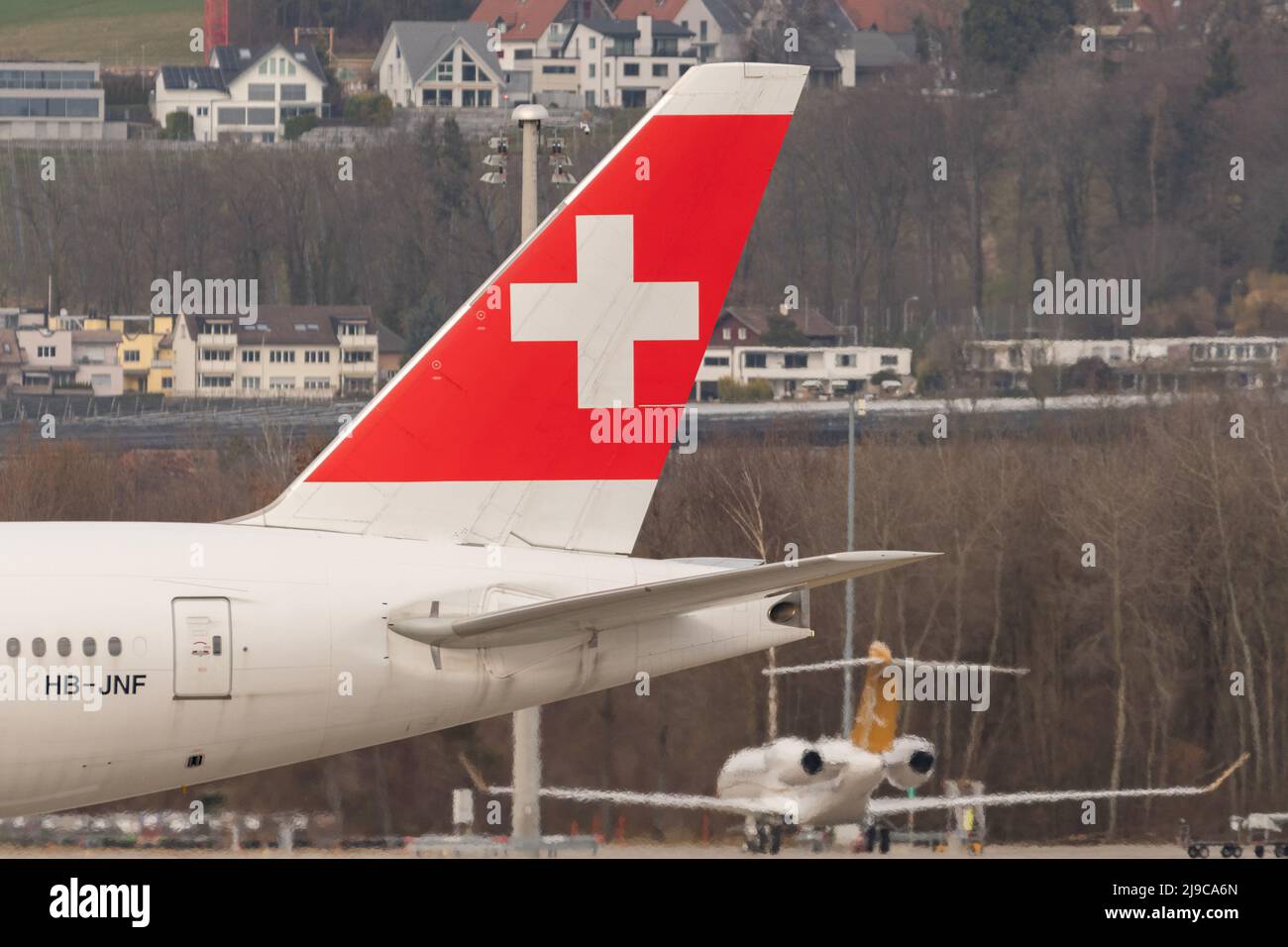 Zurich, Switzerland, February 24, 2022 Swiss cross on the rudder of a ...
