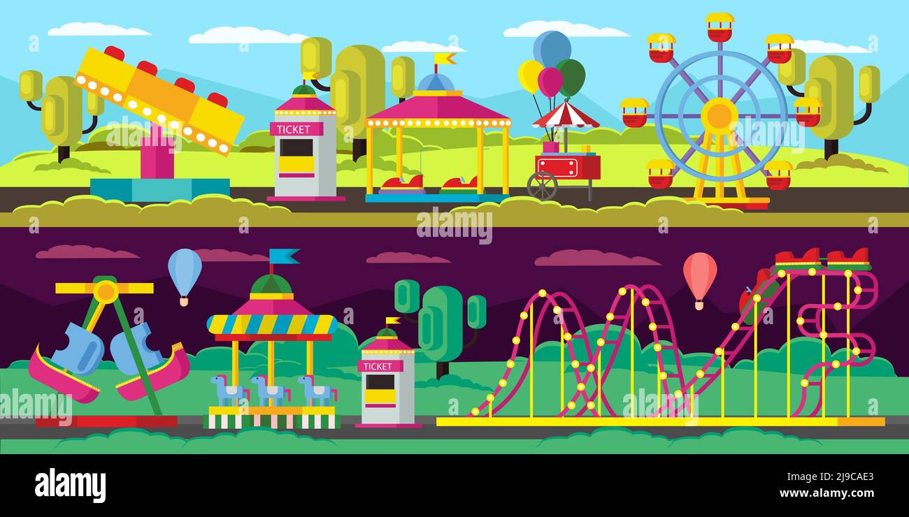 Amusement park horizontal banners with ticket windows booth ferris ...