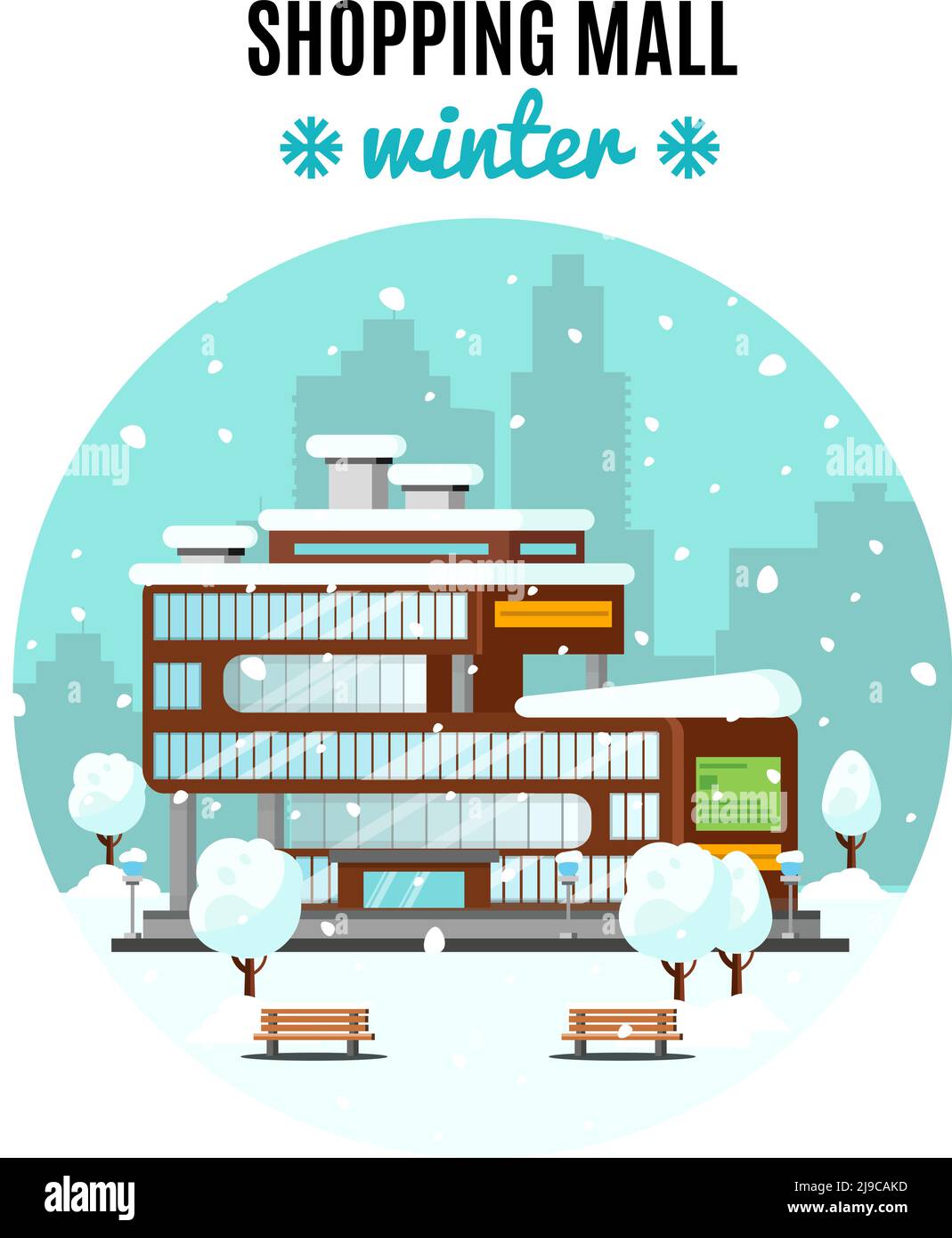 Shopping mall colorful concept at winter time with facade view and ...