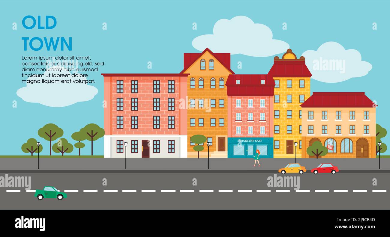 Flat colorful cityscape poster with municipal and living buildings ...