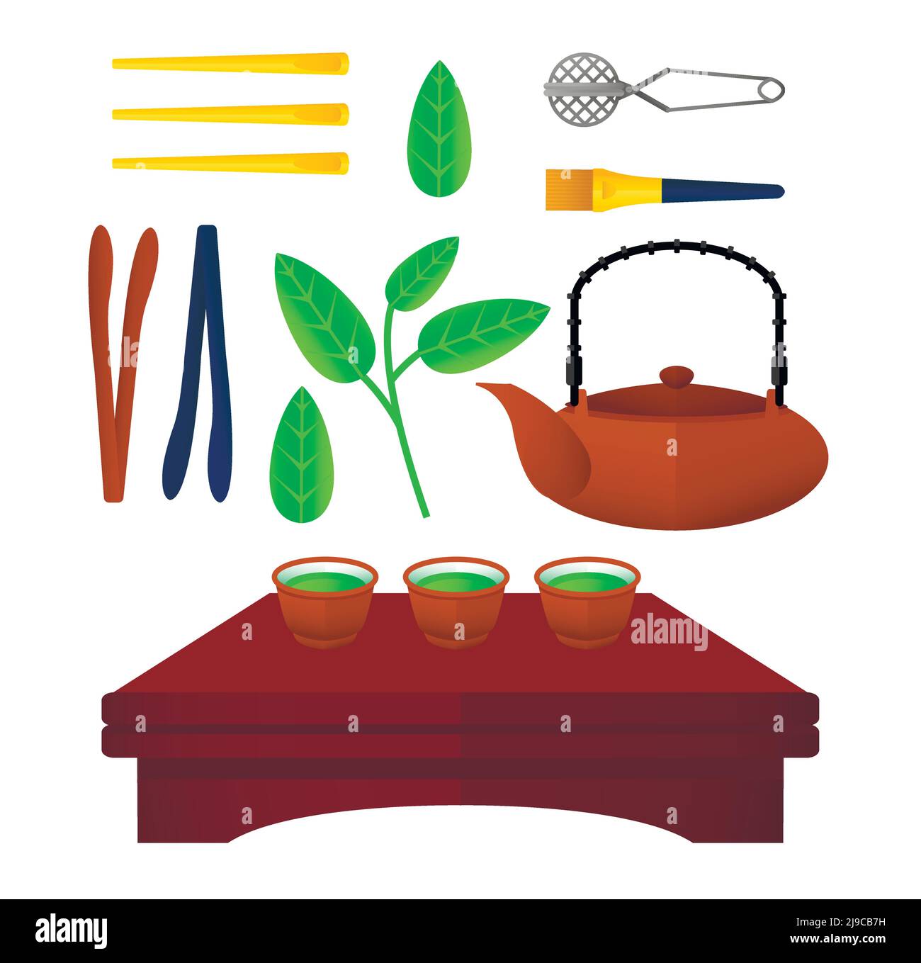 Flat chinese tea elements set with teapot bowls on table green leaves ...
