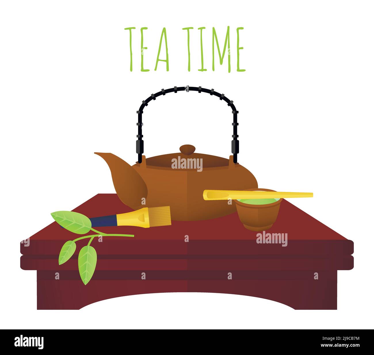 Traditional chinese tea concept with teapot green leaves brush spoon ...