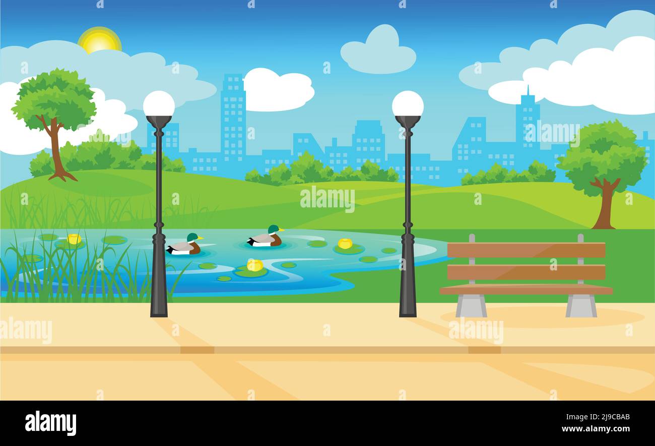 Light city park landscape background with bench lanterns water lily ...