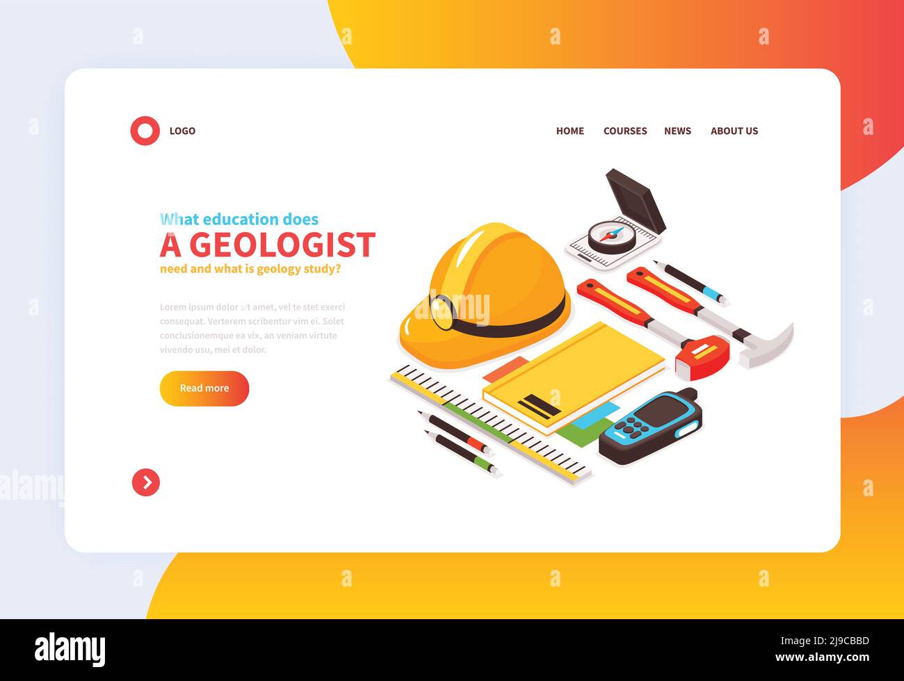 Isometric geology concept banner with images of geologists tools and ...