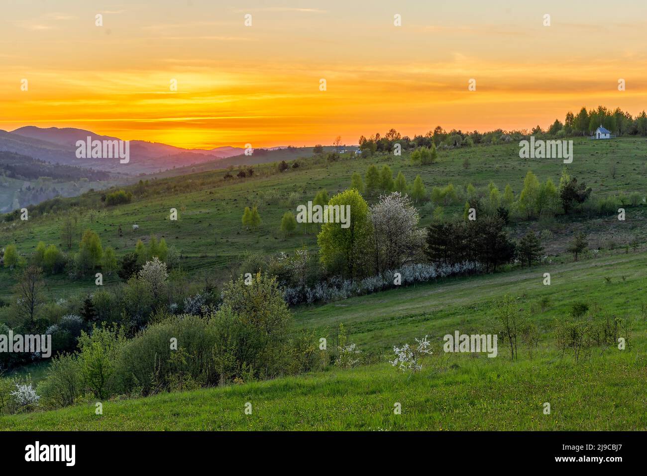 Spring Carpathian mountains with gentle greenery and enchanting sky at ...