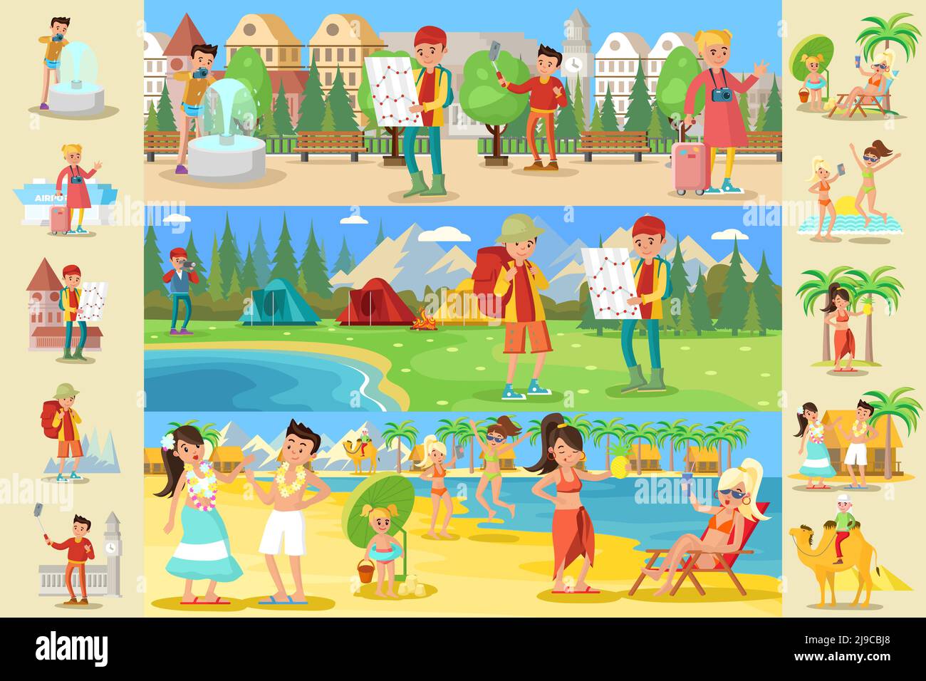 Traveling people infographic concept with beach vacation sightseeing ...